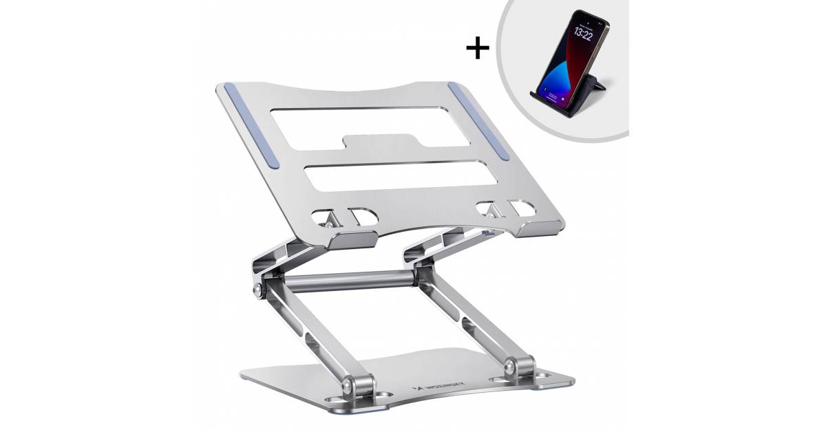 Robust og fleksibel laptop stander inkl mobilholder - op til 52 cm - Sølv